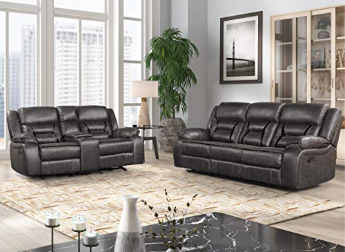 Roundhill Furniture Elkton Manual Motion Reclining Sofa and Loveseat with Storage Console, Dark Chesnut