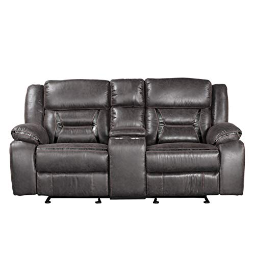 Roundhill Furniture Elkton Manual Motion Reclining Sofa and Loveseat with Storage Console, Dark Chesnut