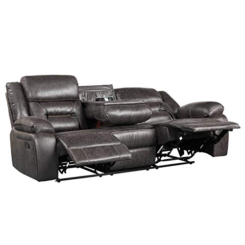 Roundhill Furniture Elkton Manual Motion Reclining Sofa and Loveseat with Storage Console, Dark Chesnut