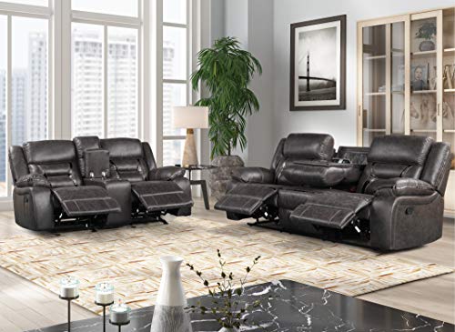 Roundhill Furniture Elkton Manual Motion Reclining Sofa and Loveseat with Storage Console, Dark Chesnut