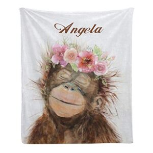 cuxweot custom blanket personalized animal monkey soft fleece throw blanket with name for gifts sofa bed (50 x 60 inches)