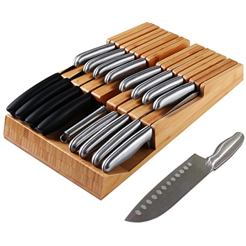 NIUXX in-Drawer Knife Block with 16 Knives, Bamboo Knife Organizer for Steak Knives, Chef Knives and Sharpener, Cutlery Holder with Detachable Knife Slots, Premium Kitchen Knives Set for Home