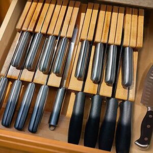 NIUXX in-Drawer Knife Block with 16 Knives, Bamboo Knife Organizer for Steak Knives, Chef Knives and Sharpener, Cutlery Holder with Detachable Knife Slots, Premium Kitchen Knives Set for Home