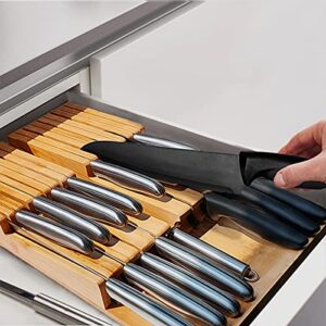 NIUXX in-Drawer Knife Block with 16 Knives, Bamboo Knife Organizer for Steak Knives, Chef Knives and Sharpener, Cutlery Holder with Detachable Knife Slots, Premium Kitchen Knives Set for Home