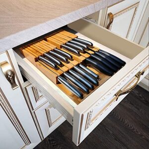 NIUXX in-Drawer Knife Block with 16 Knives, Bamboo Knife Organizer for Steak Knives, Chef Knives and Sharpener, Cutlery Holder with Detachable Knife Slots, Premium Kitchen Knives Set for Home