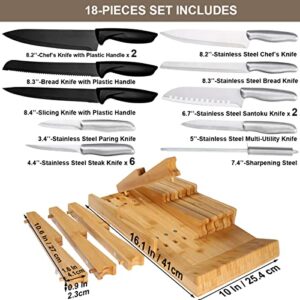 NIUXX in-Drawer Knife Block with 16 Knives, Bamboo Knife Organizer for Steak Knives, Chef Knives and Sharpener, Cutlery Holder with Detachable Knife Slots, Premium Kitchen Knives Set for Home