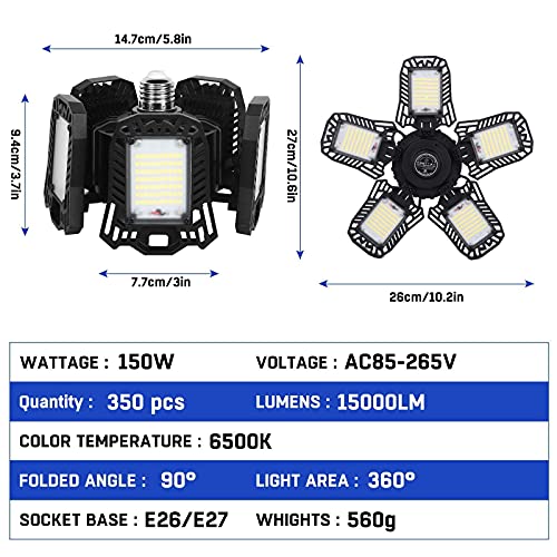 Deformable Led Garage Ceiling Light ，150W 6500k 90°Adjustable Led Shop Light, 350 Lamp Beads and 5 Multi-Position Panels High Bay Led Lights, Suitable for Garage Basement Workshop