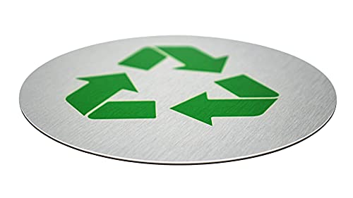 Metal Recycle Signs | 5.5" Round, Recycle Bin Marker | Metal Sign for Recycling Basket | Brushed Silver Aluminum with Green Recycle Symbol - Made in The USA