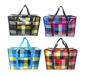 set of 4 large reusable unbreakable hard plastic fabric checkered laundry bags with zipper and handles for travel, grocery, laundry, shopping, storage, moving ,size:(19.5"x13.5"x7.5")- colors may vary