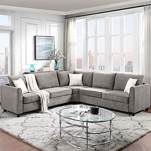 AUKUYEE Modern Fabric Sectional Couch Living Room, 6-Pcs L-Shaped Corner Sofa with 3 Pillows, 100 inch, Grey