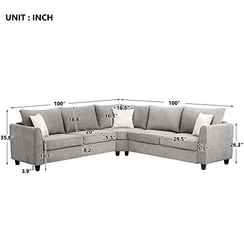 AUKUYEE Modern Fabric Sectional Couch Living Room, 6-Pcs L-Shaped Corner Sofa with 3 Pillows, 100 inch, Grey