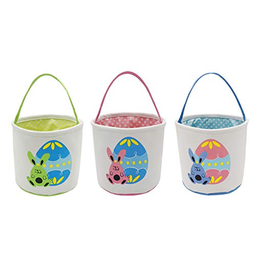 3 Pcs Easter Bunny Basket Egg Bags for Kids,Canvas Bunny Printing Tote Bags Buckets for Easter (egg multicolor)