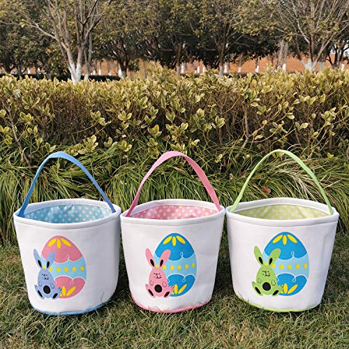 3 Pcs Easter Bunny Basket Egg Bags for Kids,Canvas Bunny Printing Tote Bags Buckets for Easter (egg multicolor)