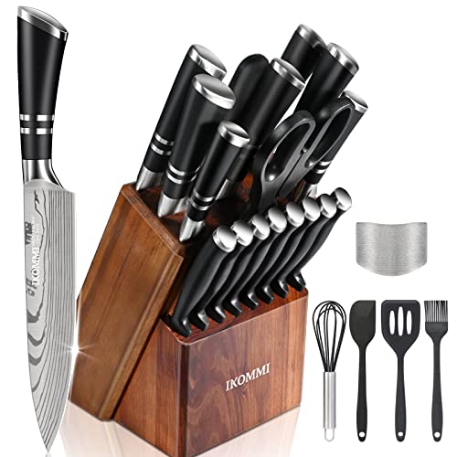 Knife Sets, IKOMMI Knife Set with Block, 23 Piece Chef Knife Set with Block for Kitchen, German High-Carbon Stainless Steel Kitchen Knife Block Set with Sharpener & 8 Steak Knives