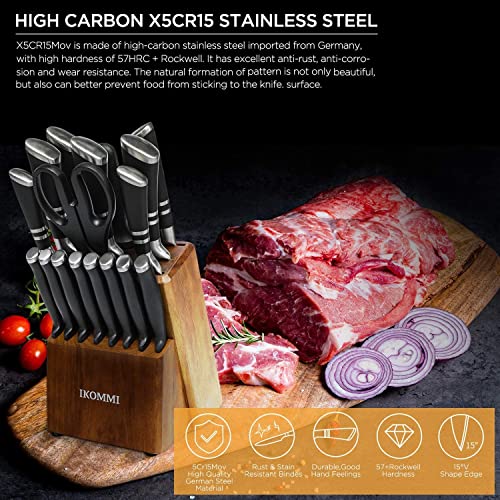 Knife Sets, IKOMMI Knife Set with Block, 23 Piece Chef Knife Set with Block for Kitchen, German High-Carbon Stainless Steel Kitchen Knife Block Set with Sharpener & 8 Steak Knives