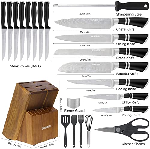 Knife Sets, IKOMMI Knife Set with Block, 23 Piece Chef Knife Set with Block for Kitchen, German High-Carbon Stainless Steel Kitchen Knife Block Set with Sharpener & 8 Steak Knives