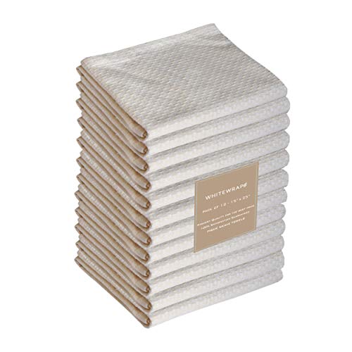 WHITEWRAP Kitchen Towels | 100% Cotton Dish Towels Premium Quality | 15"x25" Pique Weave Cream 6-Pack | Hand Towels, Tea Towels, Dish Cloths| Highly Absorbent Bar Towels