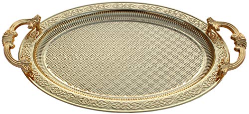 BAYKUL Turkish Ottoman Coffee Tea Beverage Gold Serving Oval Tray, Luxury Metal Chrom Moroccan Decorative Breakfast Dinner Table, Ottoman Trays Extra Large (Gold)