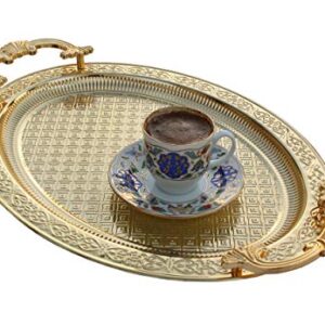 BAYKUL Turkish Ottoman Coffee Tea Beverage Gold Serving Oval Tray, Luxury Metal Chrom Moroccan Decorative Breakfast Dinner Table, Ottoman Trays Extra Large (Gold)