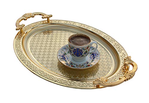 BAYKUL Turkish Ottoman Coffee Tea Beverage Gold Serving Oval Tray, Luxury Metal Chrom Moroccan Decorative Breakfast Dinner Table, Ottoman Trays Extra Large (Gold)