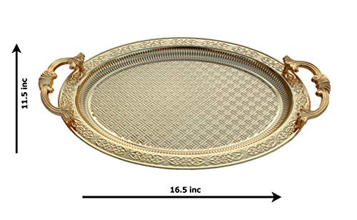 BAYKUL Turkish Ottoman Coffee Tea Beverage Gold Serving Oval Tray, Luxury Metal Chrom Moroccan Decorative Breakfast Dinner Table, Ottoman Trays Extra Large (Gold)