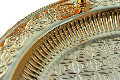 BAYKUL Turkish Ottoman Coffee Tea Beverage Gold Serving Oval Tray, Luxury Metal Chrom Moroccan Decorative Breakfast Dinner Table, Ottoman Trays Extra Large (Gold)