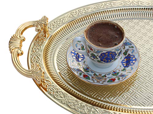 BAYKUL Turkish Ottoman Coffee Tea Beverage Gold Serving Oval Tray, Luxury Metal Chrom Moroccan Decorative Breakfast Dinner Table, Ottoman Trays Extra Large (Gold)