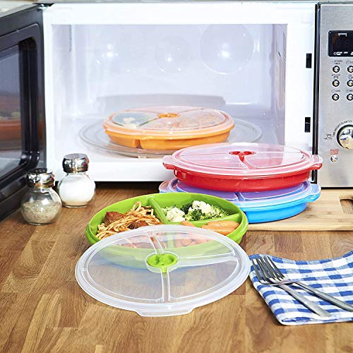 Home Products Essentials 2 Pack- Microwave Food Storage Travel Tray Containers - Portion Control - 3 Section Compartment Divided Plates with Vented Lid For Easy Reheat - (2, Red)