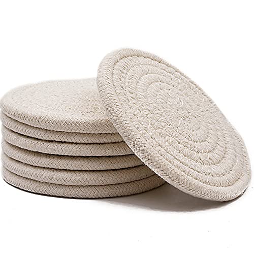 Absorbent Drink Coasters Handmade Braided Drink Coasters 6 Pack (4.3 Inch, Round, 8mm Thick) Super Absorbent Heat-Resistant Coasters for Drinks Great Housewarming Gift (Beige, 6 Pack)