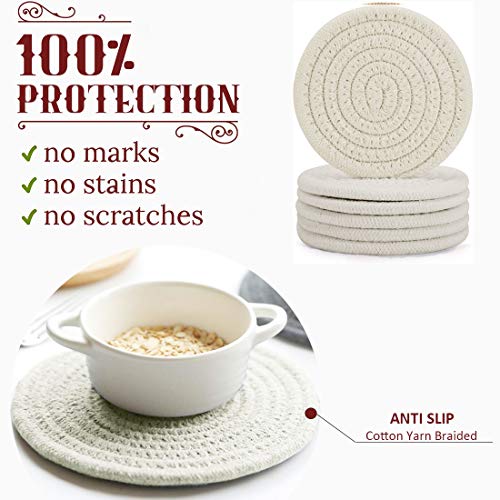 Absorbent Drink Coasters Handmade Braided Drink Coasters 6 Pack (4.3 Inch, Round, 8mm Thick) Super Absorbent Heat-Resistant Coasters for Drinks Great Housewarming Gift (Beige, 6 Pack)