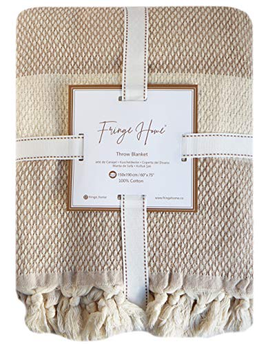 Fringe Home Throw Blanket, Boho Throw Blanket, 68" x 51" Throw Blanket for Sofa, Cotton Throw Blanket, Couch Throw Blanket, Made in Turkey (Boho - Beige)