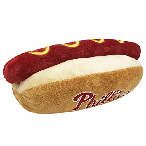 Pets First MLB Philadelphia Phillies HOT Dog Toy - Cutest Plush Toy for Dogs & Cats with 2 Inner SQUEAKERS & Premium Embroidery of Baseball Team Name/Logo, Team Color, Medium (PHP-3354)