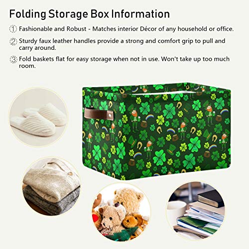 Blueangle Green Leprechaun Hat Clover Pattern Rectangle Storage Bin, 15 x 11 x 9.5 in, Collapsible Organizer Storage Basket for Home St. Patrick's Day Décor