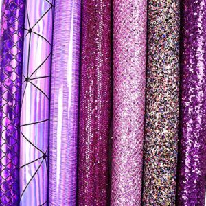 Yuanchuan 7Pcs/Set 8.3" x 12"(21cm x 30cm) A4 Bundle Leather Sheets Mixed Purple Series Holographic Sparkle Fine Chunky Glitter Faux Leather Fabric Bow Earrings Making DIY Craft (Purple Series)