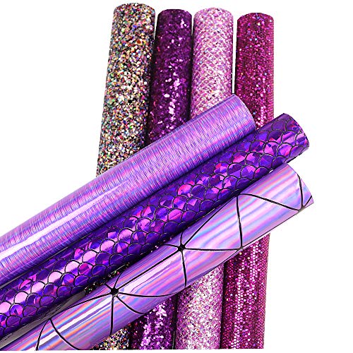 Yuanchuan 7Pcs/Set 8.3" x 12"(21cm x 30cm) A4 Bundle Leather Sheets Mixed Purple Series Holographic Sparkle Fine Chunky Glitter Faux Leather Fabric Bow Earrings Making DIY Craft (Purple Series)