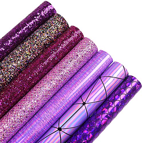 Yuanchuan 7Pcs/Set 8.3" x 12"(21cm x 30cm) A4 Bundle Leather Sheets Mixed Purple Series Holographic Sparkle Fine Chunky Glitter Faux Leather Fabric Bow Earrings Making DIY Craft (Purple Series)