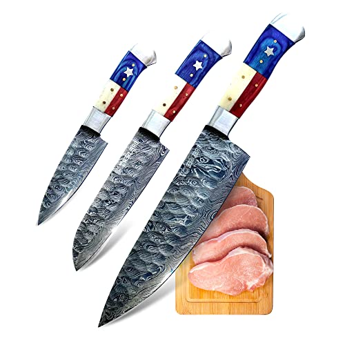 Breliser- 3-Piece Knives Set for Kitchen, Damascus Chef Knife Set With Professional Chef Knife, Santoku Knife, & Paring Knife, Full Diamond-Hammered Kitchen Knifes With Texas Handles, Gifts for Chefs