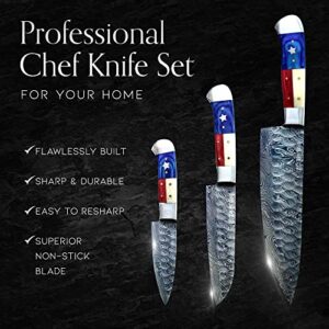 Breliser- 3-Piece Knives Set for Kitchen, Damascus Chef Knife Set With Professional Chef Knife, Santoku Knife, & Paring Knife, Full Diamond-Hammered Kitchen Knifes With Texas Handles, Gifts for Chefs