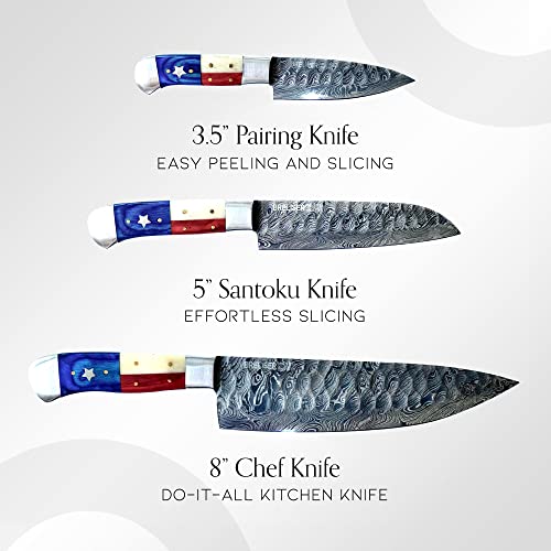 Breliser- 3-Piece Knives Set for Kitchen, Damascus Chef Knife Set With Professional Chef Knife, Santoku Knife, & Paring Knife, Full Diamond-Hammered Kitchen Knifes With Texas Handles, Gifts for Chefs