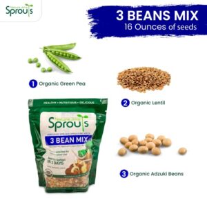 Nature Jims Sprouts 3 Bean Seed Mix - Certified Organic Green Pea, Lentil, Adzuki Bean Seeds for Planting - Non-GMO Vegetable Seeds - Resealable Bag for Freshness - Fast Sprouting Bean Seeds - 16 Oz