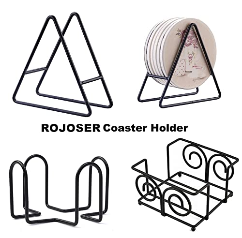 2PC ROJOSER Triangle Coaster Holder Black Iron Metal Holder Storage Caddy for Both Round and Square Coasters Fit 4 to 9 Pieces Coasters,4.3 Inch