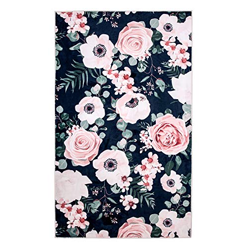 Levtex Home - Fiori Floral - Rug/Carpet - 5 x 7 (60in. X 84in.) - Black, Pink, Green - 100% Polyester - Woven Fabric Backing - Bedroom, Playroom, Family Room or Kids' Room