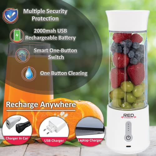 RED Strength Rechargeable Mini Blender | Portable Blender for Shakes and Smoothies | On the Go Blender for Gym, Home, Camping & Office | Mobile Blender with Six Blades, USB-C, White