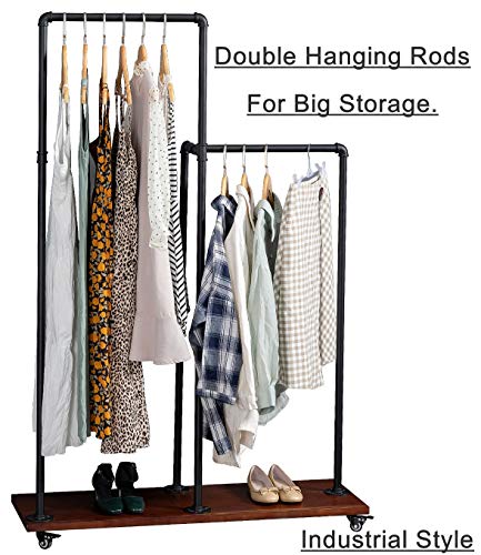 Hanging Clothes Rack with Shelves,Industrial Pipe Clothing Rack on Wheels,Heavy Duty Rolling Garment Rack - Clothes Racks for Hanging Clothes - Natural Wood Base