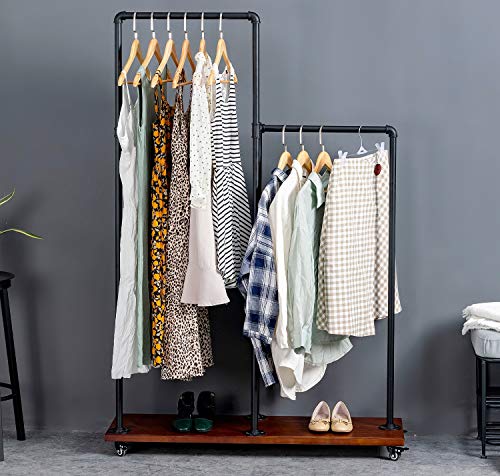 Hanging Clothes Rack with Shelves,Industrial Pipe Clothing Rack on Wheels,Heavy Duty Rolling Garment Rack - Clothes Racks for Hanging Clothes - Natural Wood Base