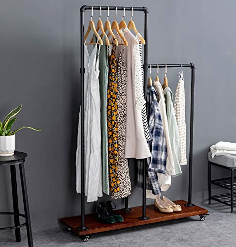 Hanging Clothes Rack with Shelves,Industrial Pipe Clothing Rack on Wheels,Heavy Duty Rolling Garment Rack - Clothes Racks for Hanging Clothes - Natural Wood Base