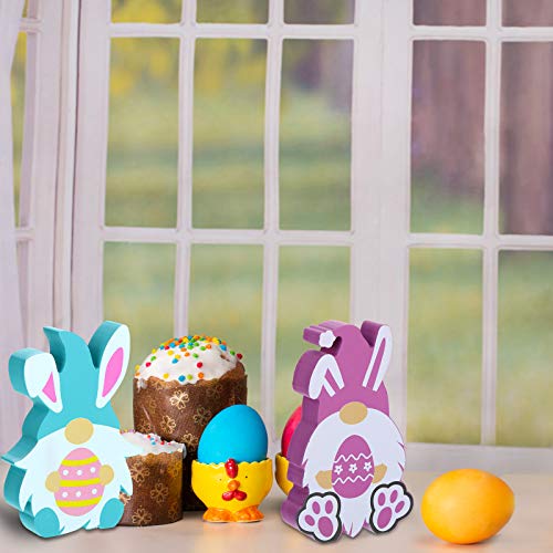 3 Pieces Easter Gnomes Shape Wood Sign Cute Standing Gnomes Easter Wood Crafts Easter Themed Freestanding Table Decorations for Desk Office Home Party (Gnome and Rabbit)