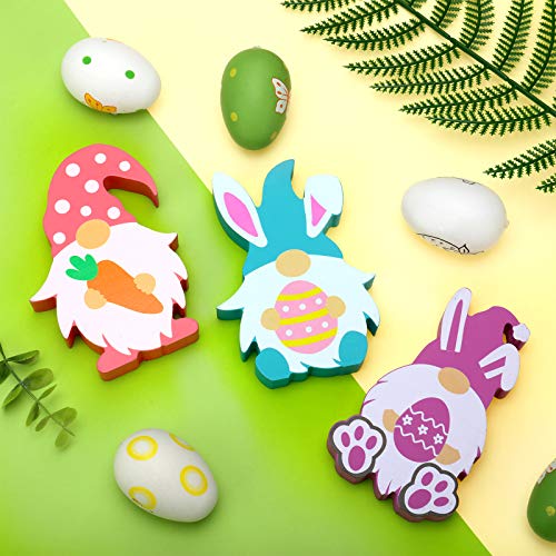 3 Pieces Easter Gnomes Shape Wood Sign Cute Standing Gnomes Easter Wood Crafts Easter Themed Freestanding Table Decorations for Desk Office Home Party (Gnome and Rabbit)