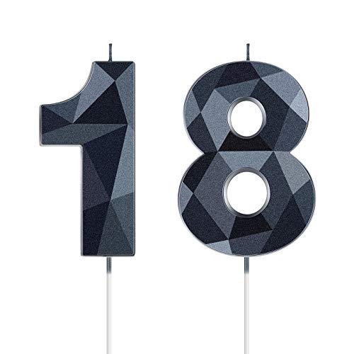 18th Birthday Candles, 3D Diamond Shape Number 18 Candles Happy Birthday Cake Topper Numeral Candles for Birthday Party Wedding Decoration Reunions Theme Party Anniversary, Black, 2 Inch