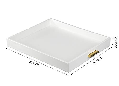 HofferRuffer Extra Large Serving Tray with Handles, Elegant Faux Leather Storage Decorative Tray for Coffee Table, Ottoman, Console Table (White Tray+Golden Handle)